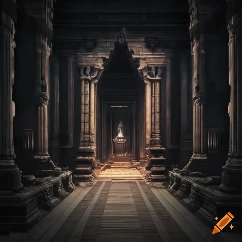Photorealistic depiction of an ancient temple in a dark setting on Craiyon