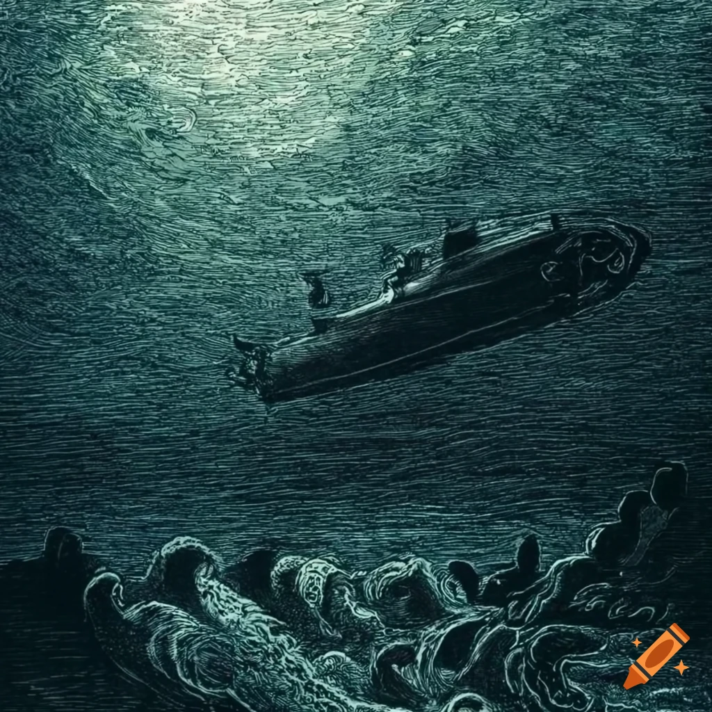 U-boot submarine underwater in Gustave Dore style black and white ink ...