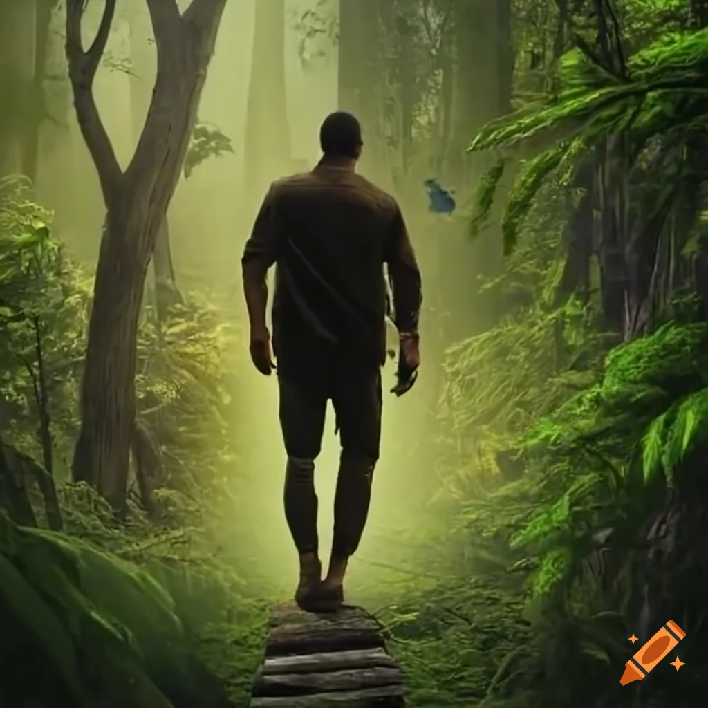 Man walking up a jungle path on Craiyon