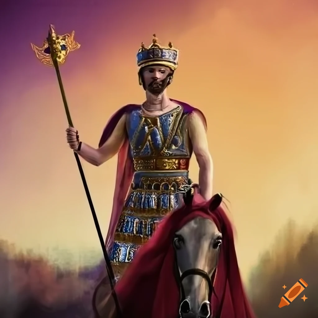 Digital illustration of Absalom in royal attire riding horse on Craiyon