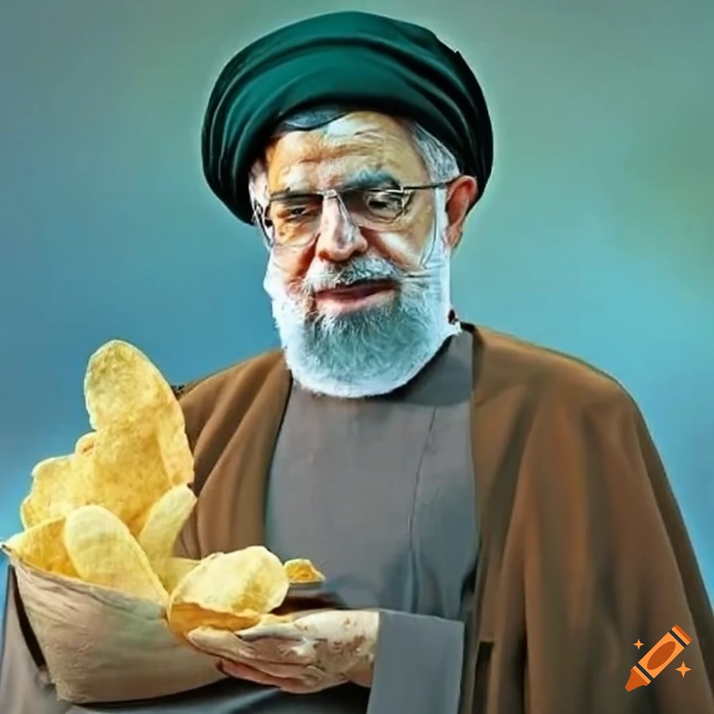 Iranian leader holding a bag of potato chips on Craiyon