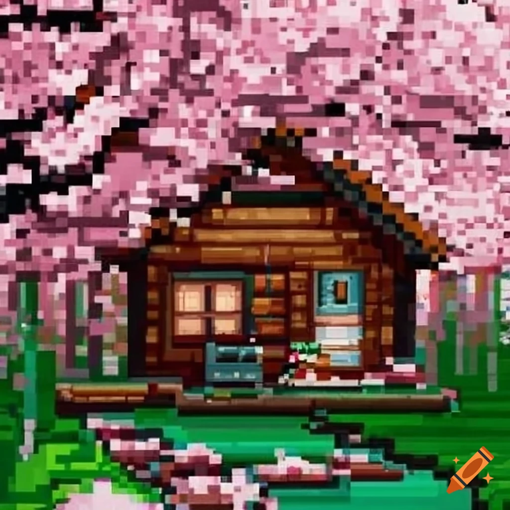 Pixel art of a cozy cabin surrounded by cherry blossom trees on Craiyon