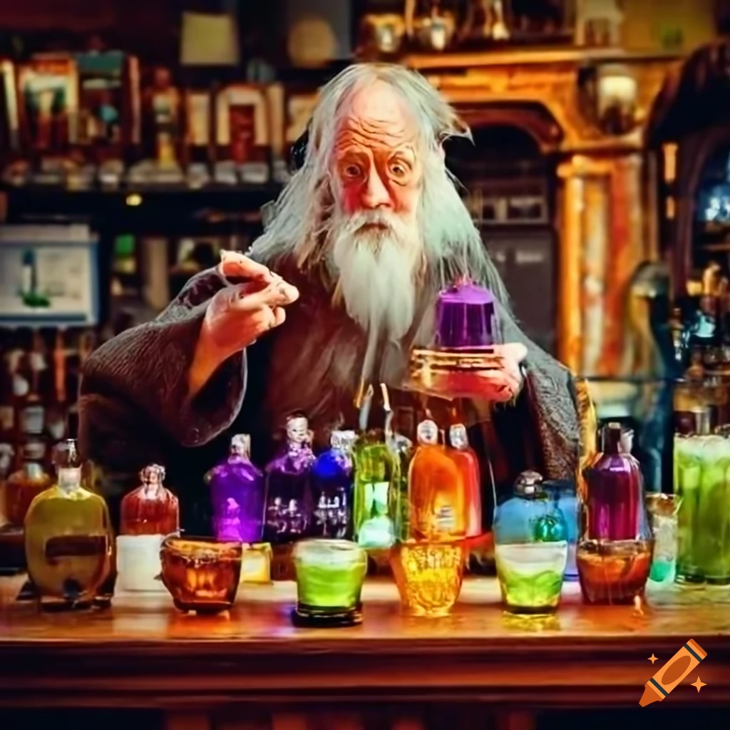 Wizard chatting with hobbits in an English pub with colorful drinks on ...