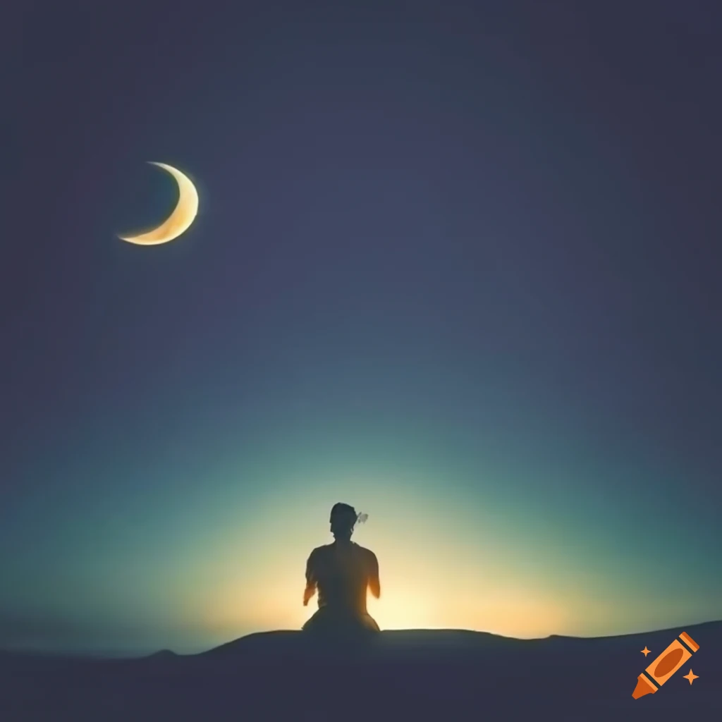 Man sitting on the sand looking at the sea under a golden half-moon ...