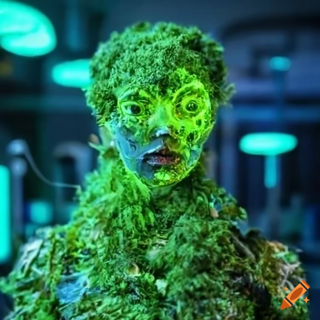 High-tech biopunk cyborg covered in glowing moss in a futuristic ...