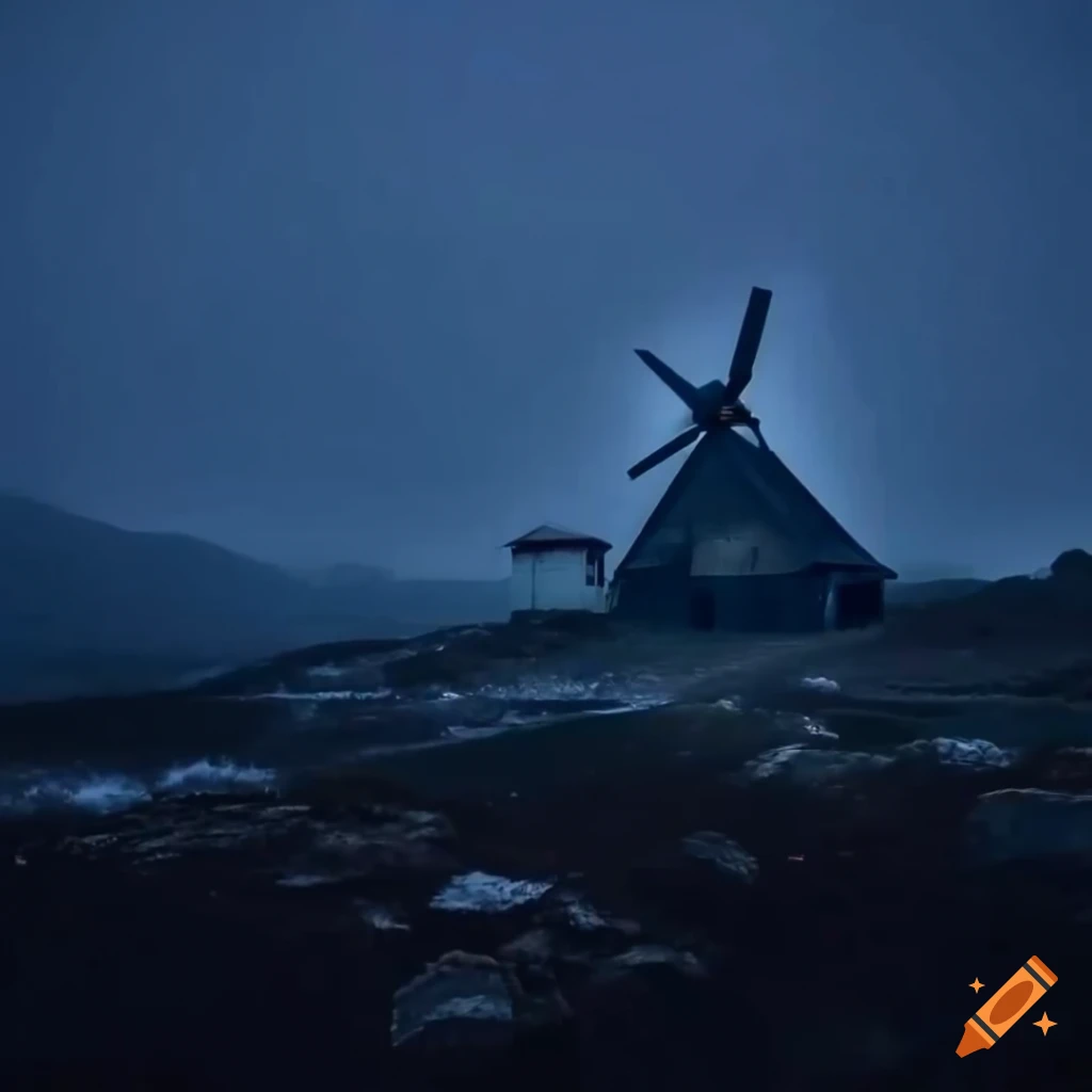 Dying farm fields on rocky mountains in a foggy night with medieval ...