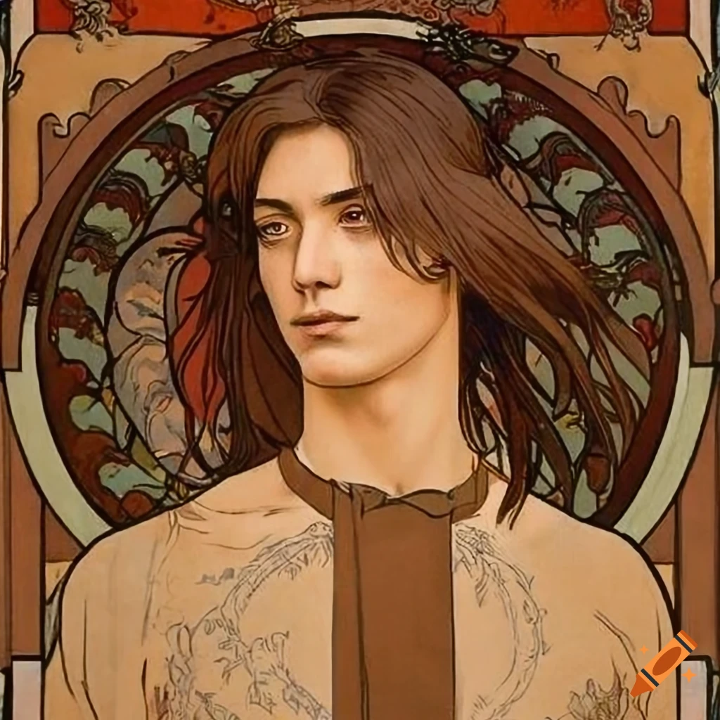 Portrait of a handsome European man with tied long hair in a 1990s ...