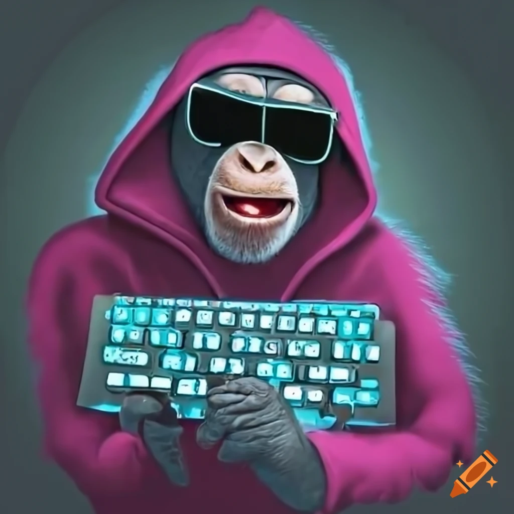 Angry chimpanzee with sunglasses and hoodie holding a light up keyboard ...