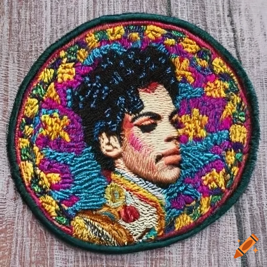 Vintage embroidery patch of detailed close-up portrait of Prince in ...