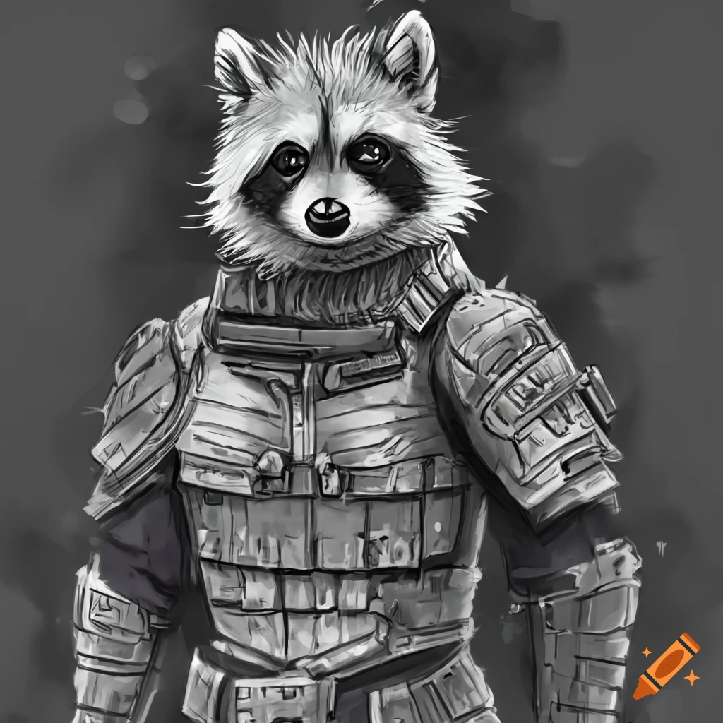 Portrait of a strong anthro furry raccoon in modern tactical armor on ...
