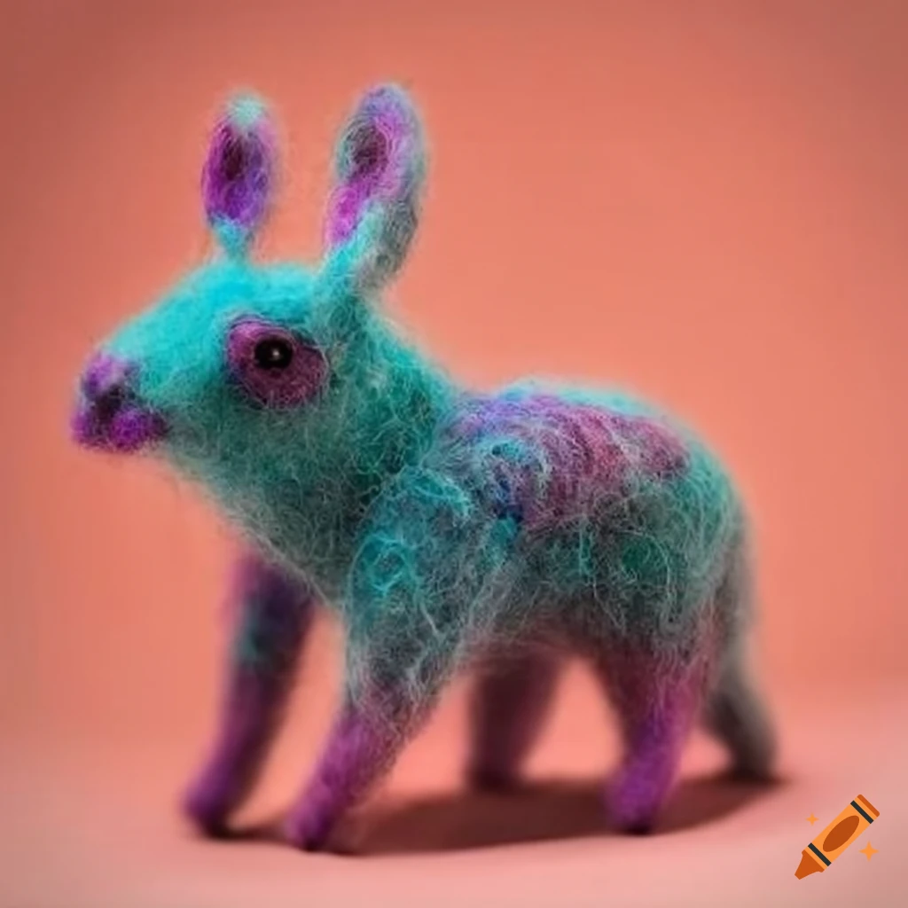 Colorful felted wool creatures wearing unique clothing on textured ...