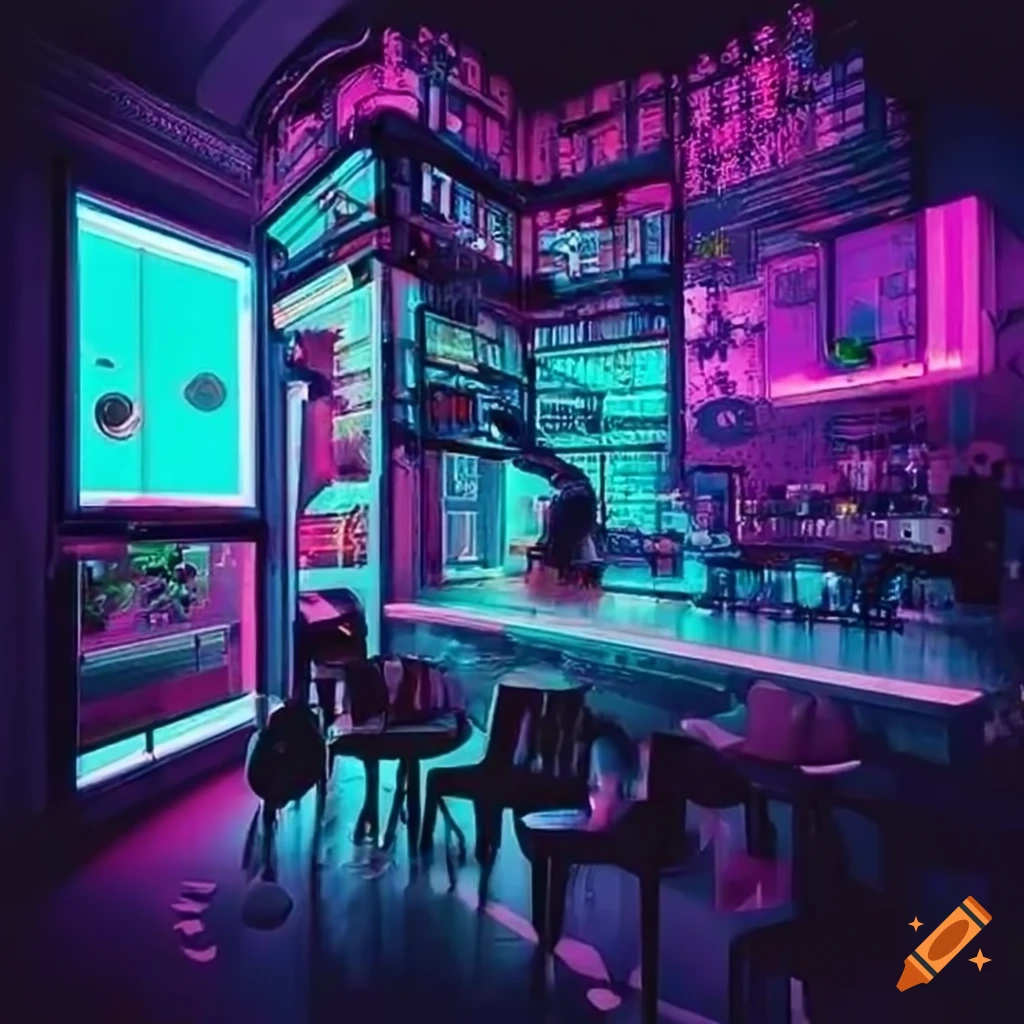 Modern and futuristic cafe with artificial intelligence and cyberpunk ...