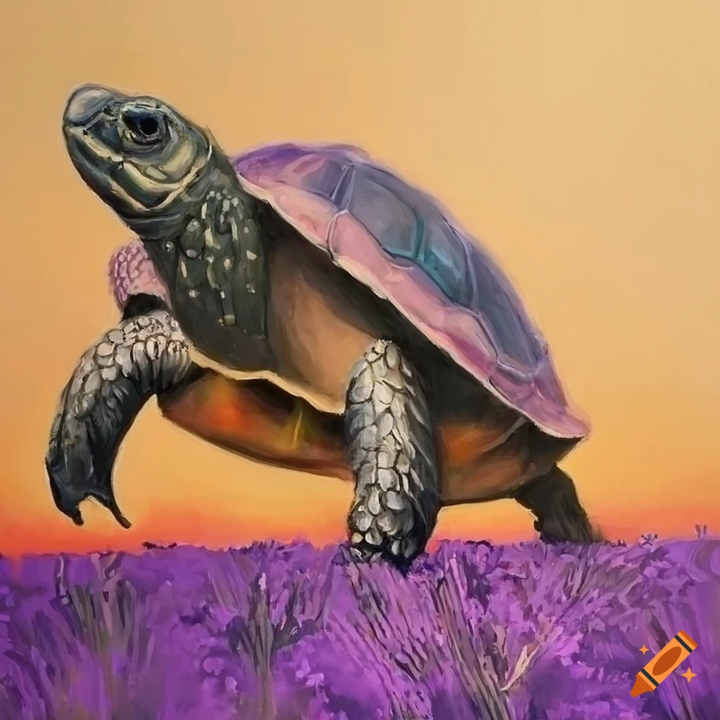 Realism painting of testudo turtle in a lavender field on Craiyon