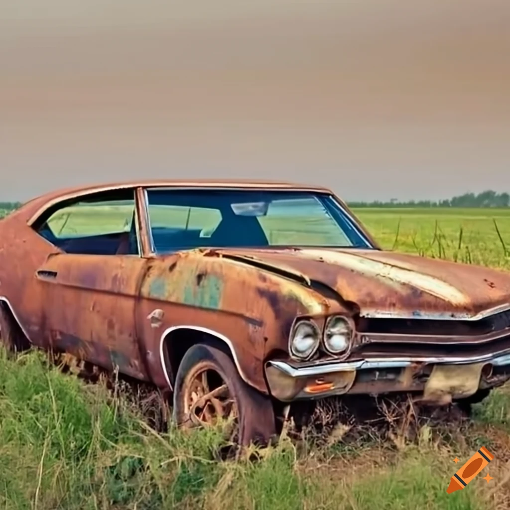 1969 Chevelle in a rusty junkyard field on Craiyon
