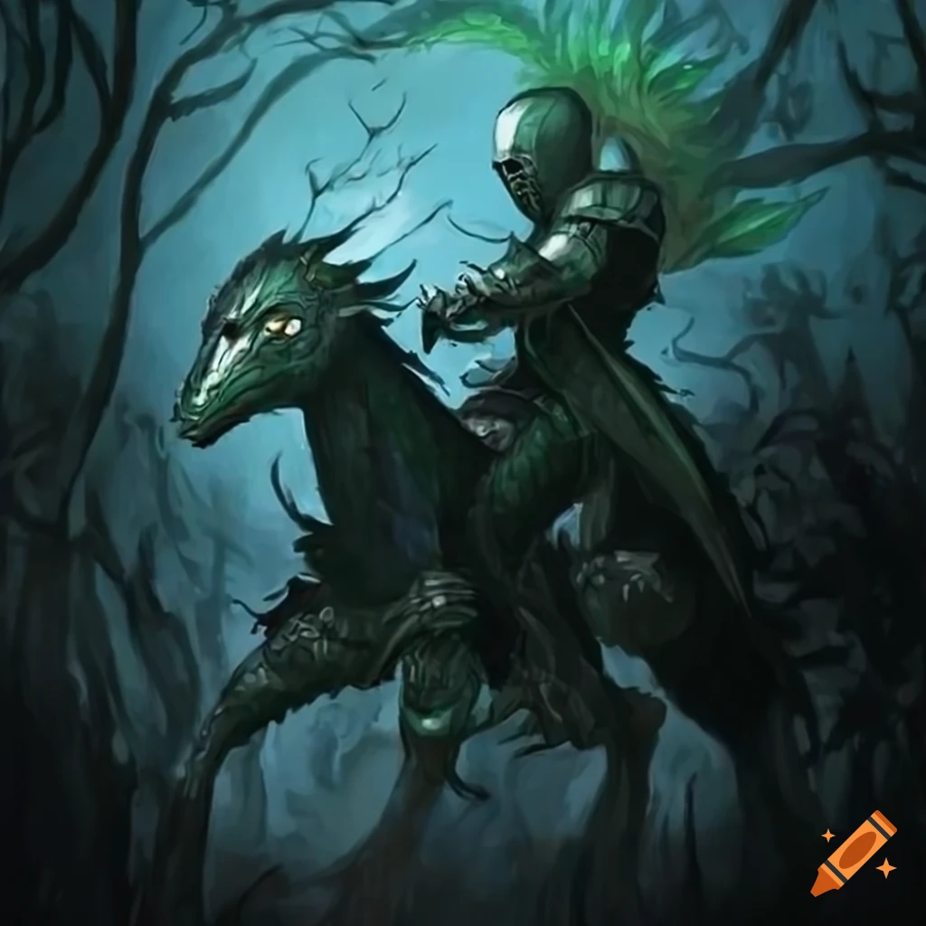 Knight in battered armor fleeing from a green dragon in a dark swamp on ...