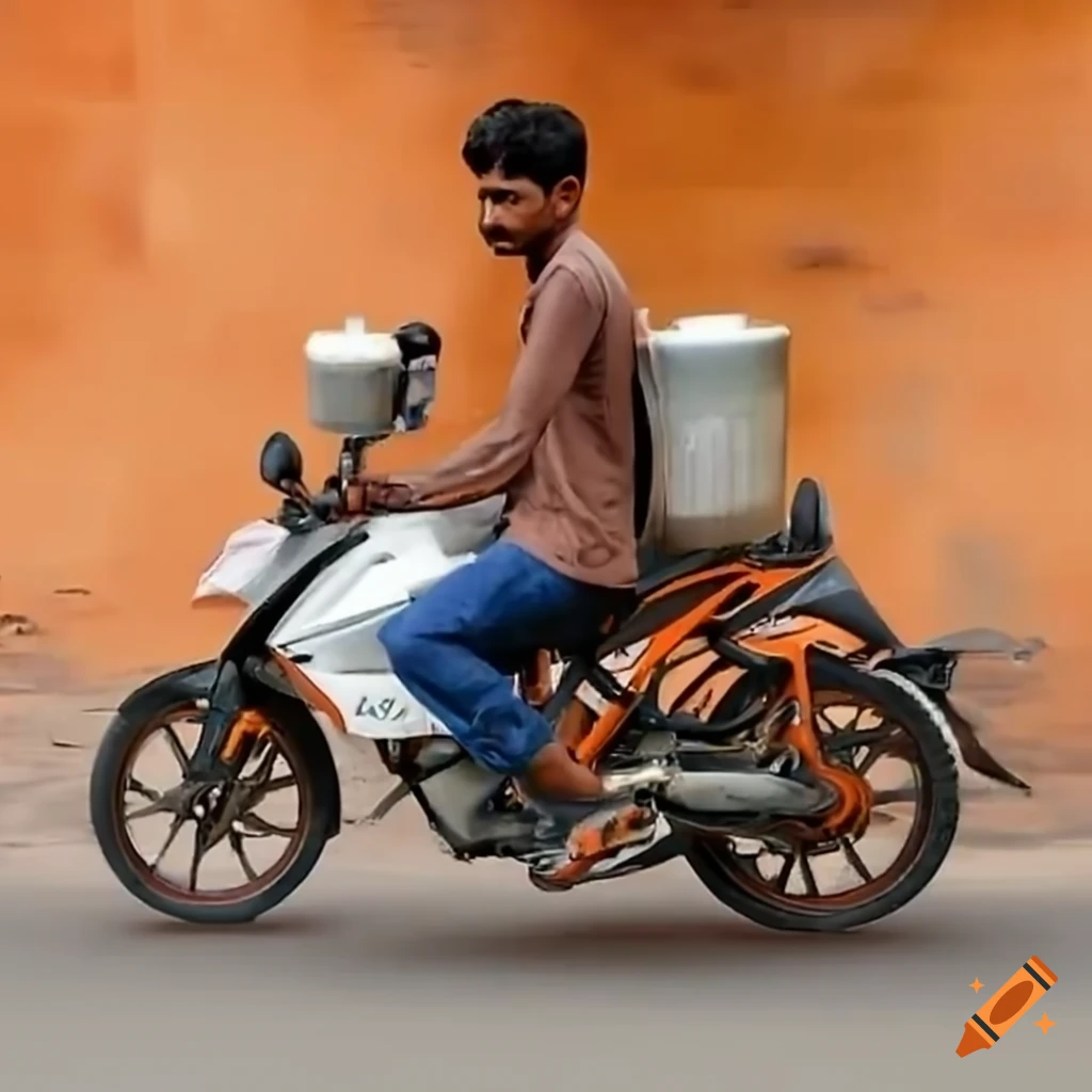Indian milkman selling milk on a ktm bike on Craiyon