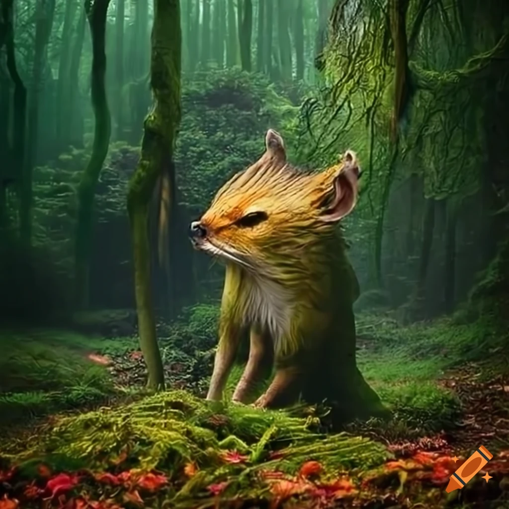 Surrealistic animal in a strange forest with pond and exotic flowers on ...