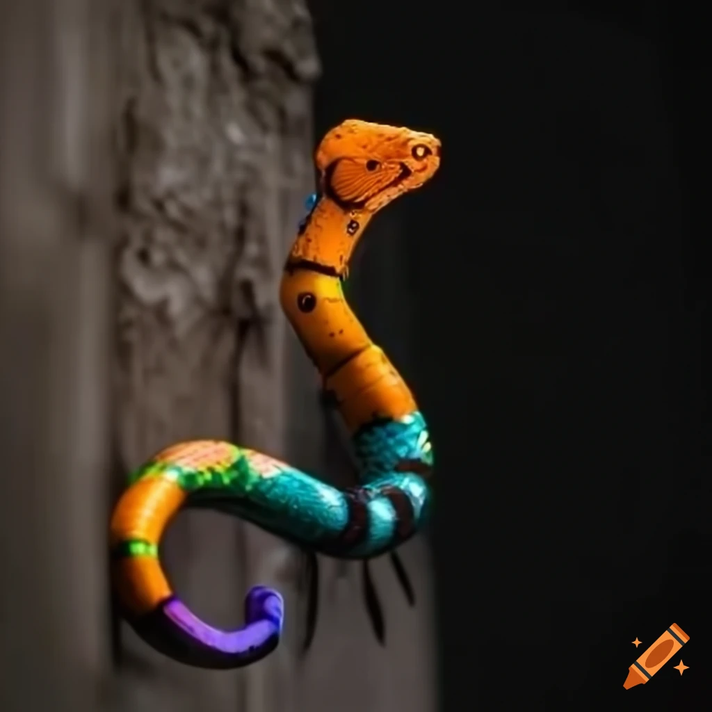Colorful robot snake crawling down a wall from rear view on Craiyon