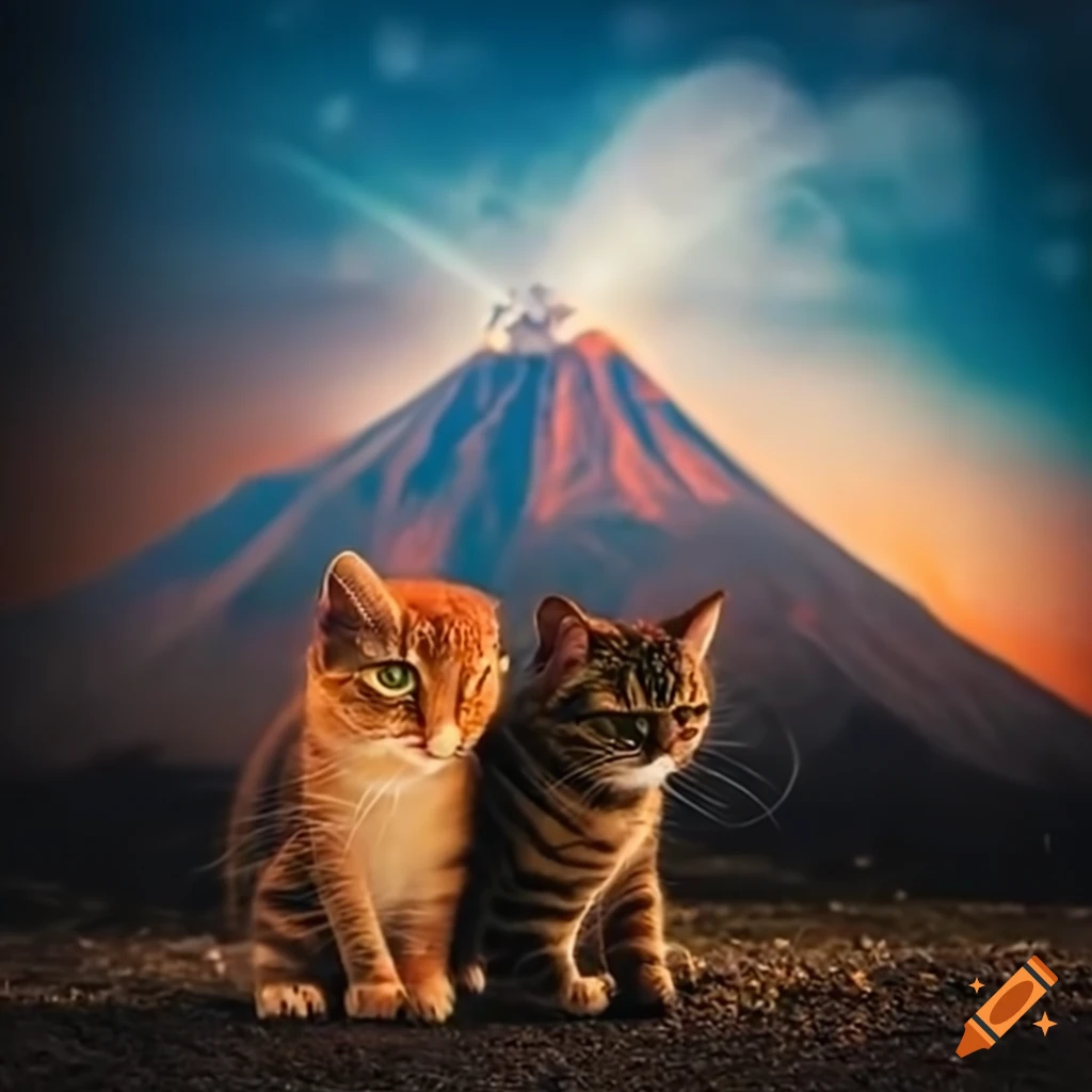 Three cats with a volcano in the background on Craiyon