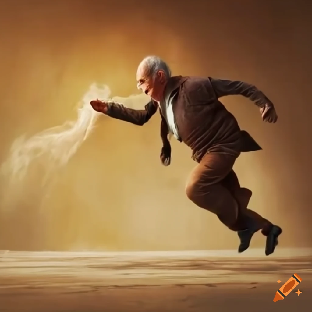 Elderly man running quickly and raising dust on Craiyon