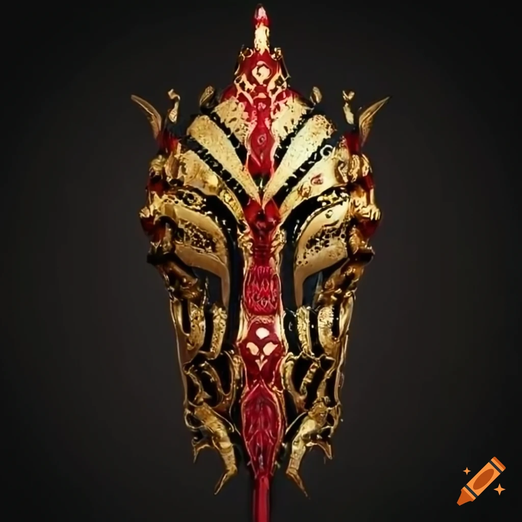 Intricate black, gold, and red arm armor design on Craiyon