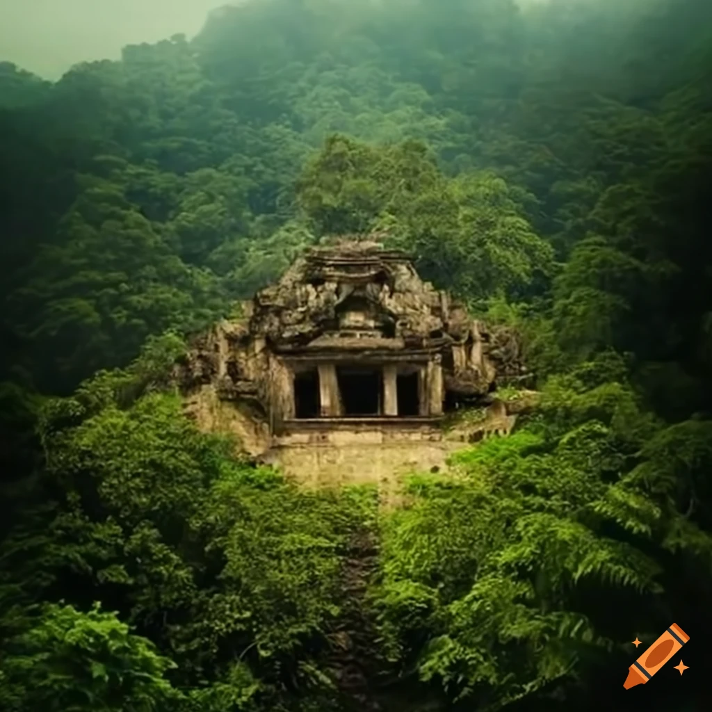 Dilapidated temple on top of a jungle mountain on Craiyon
