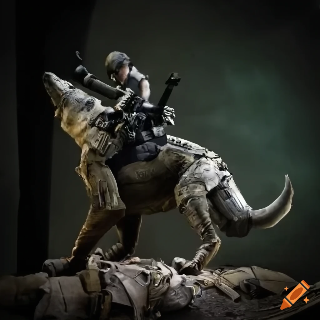 Futuristic soldier riding a large armored wolf into battle on Craiyon