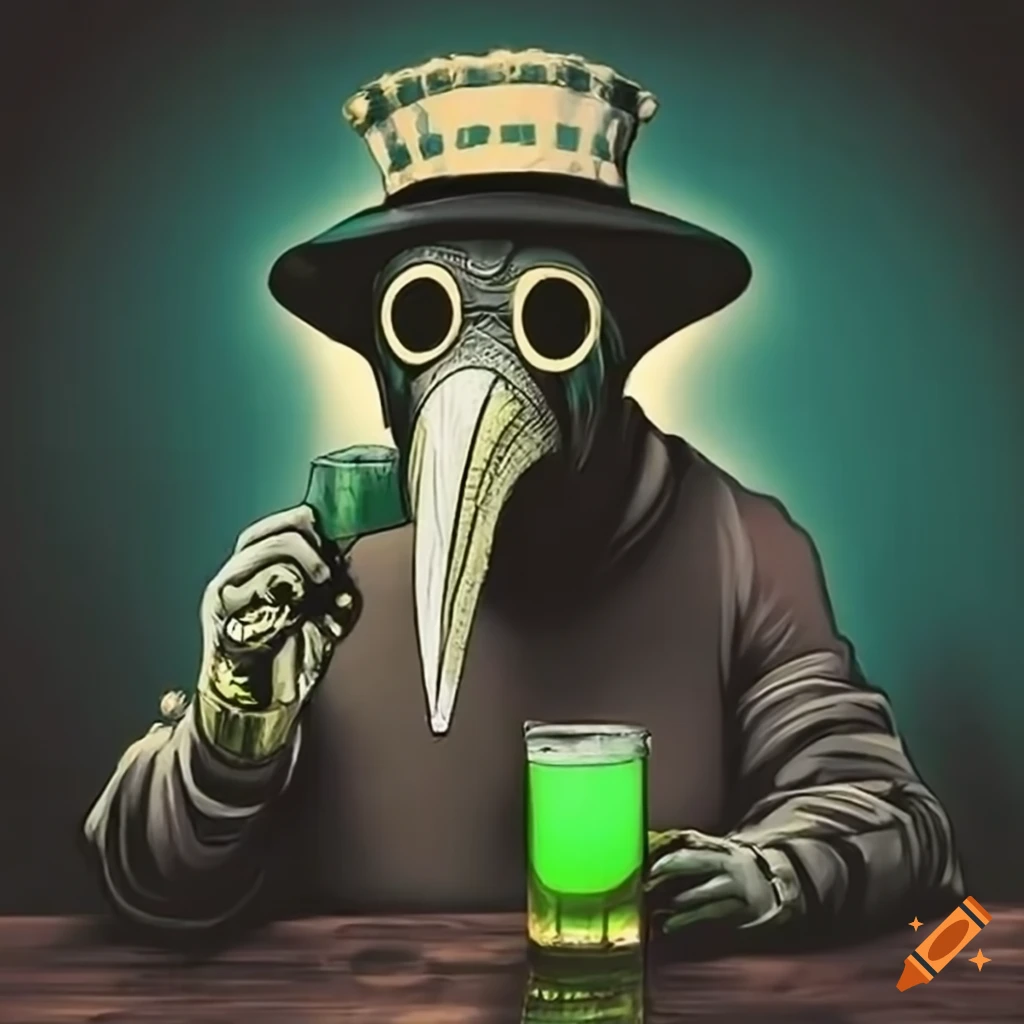 Plague doctor drinking a bright green beer in the 1980s on Craiyon
