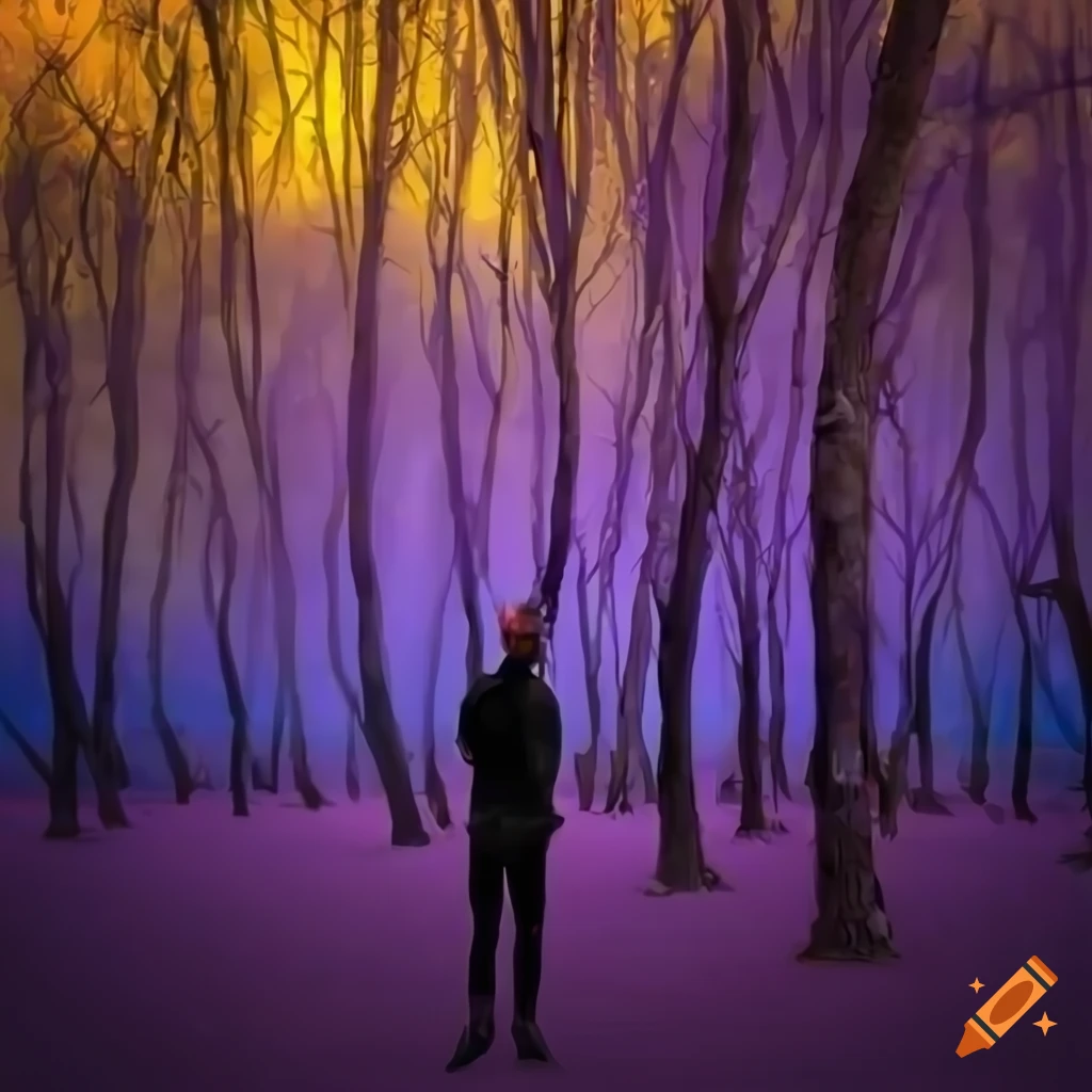 Skinny Man In A Mysterious Realm With Golden Sky And Glowing Purple