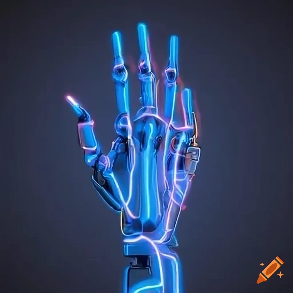 Sleek robot hand reaching towards human hand in futuristic neon ...