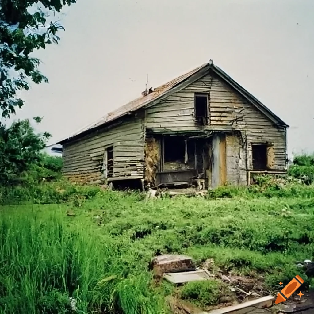 Analog photo of a post apocalyptic house with puddles of water and ...