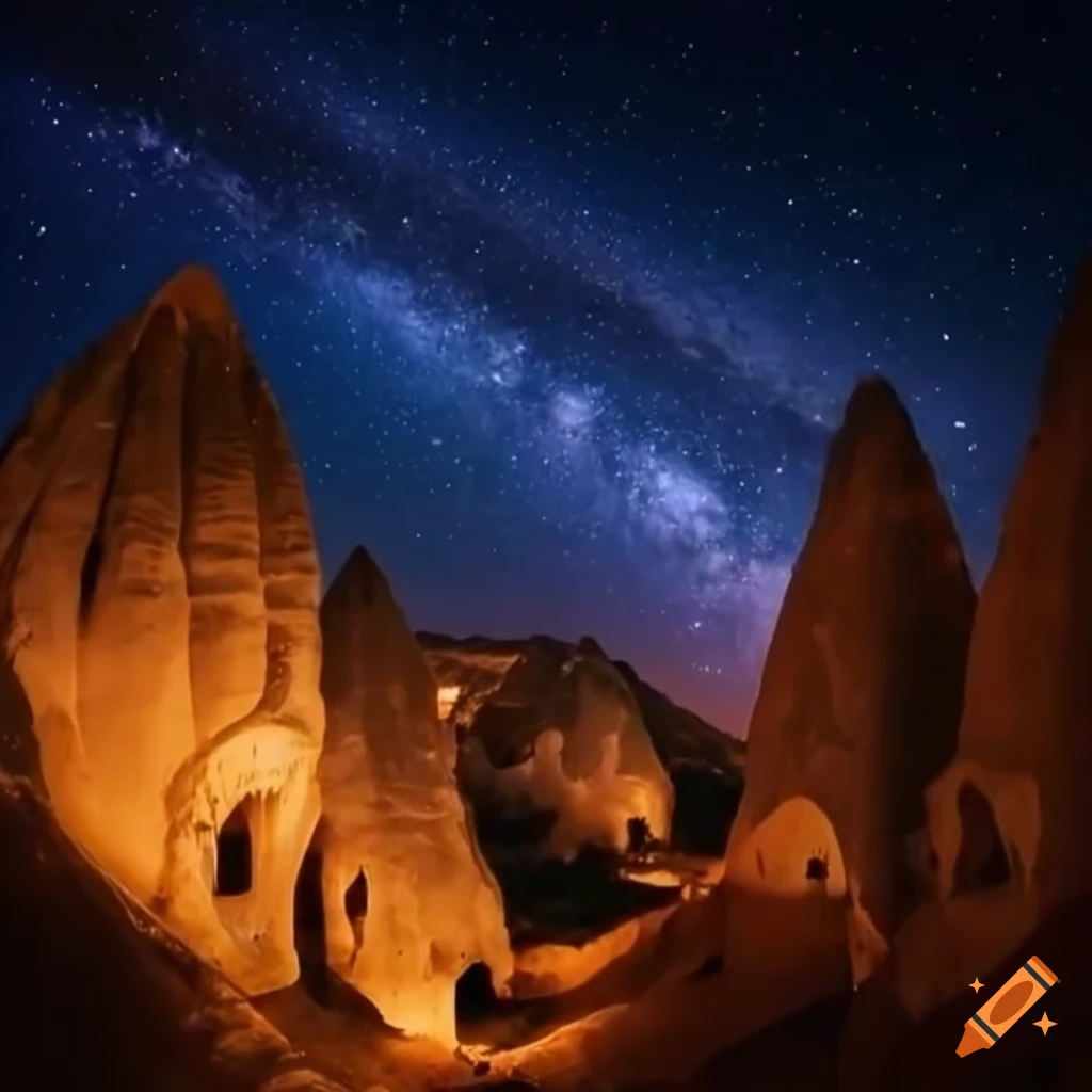 Overhead view of Goreme caves in Cappadocia at starry night on Craiyon
