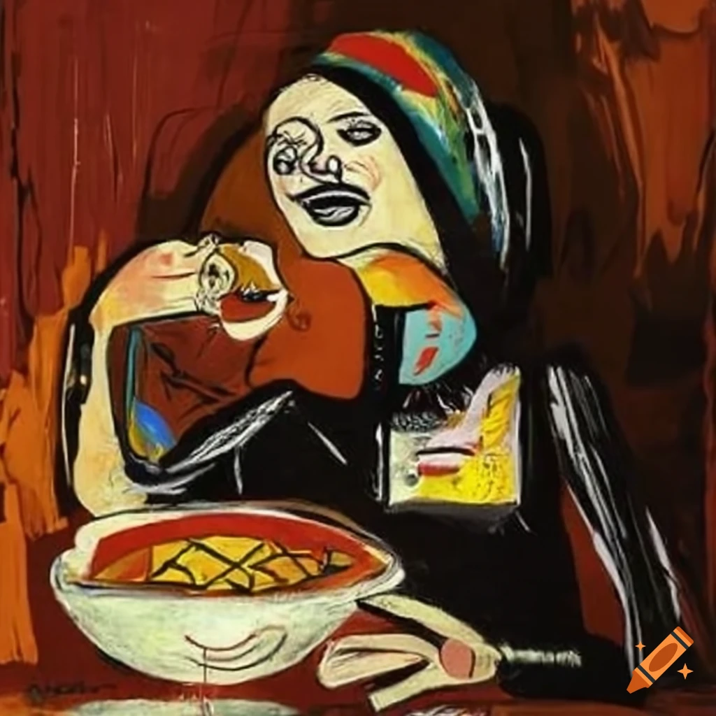 Woman eating on old table in a painting by Basquiat and Picasso on Craiyon