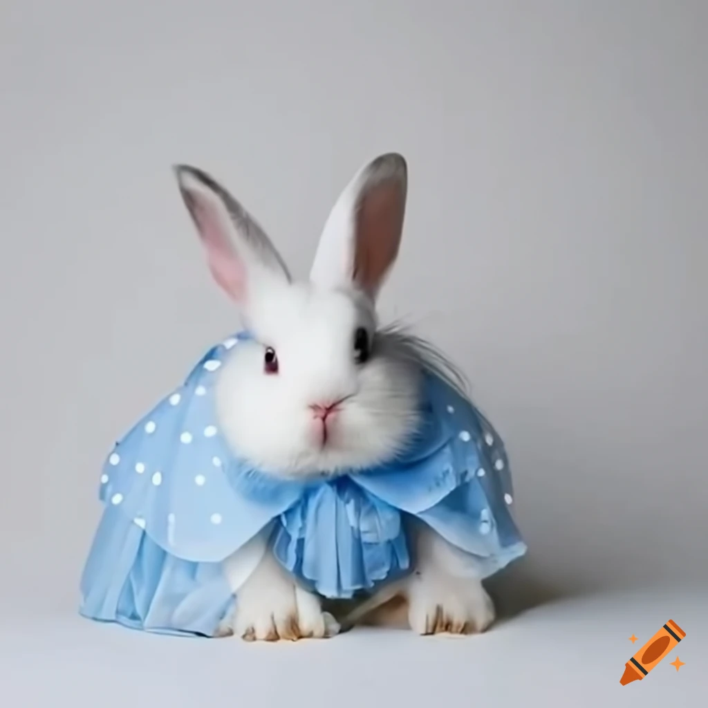 Cute white rabbit wearing a blue dress dancing ballet on Craiyon