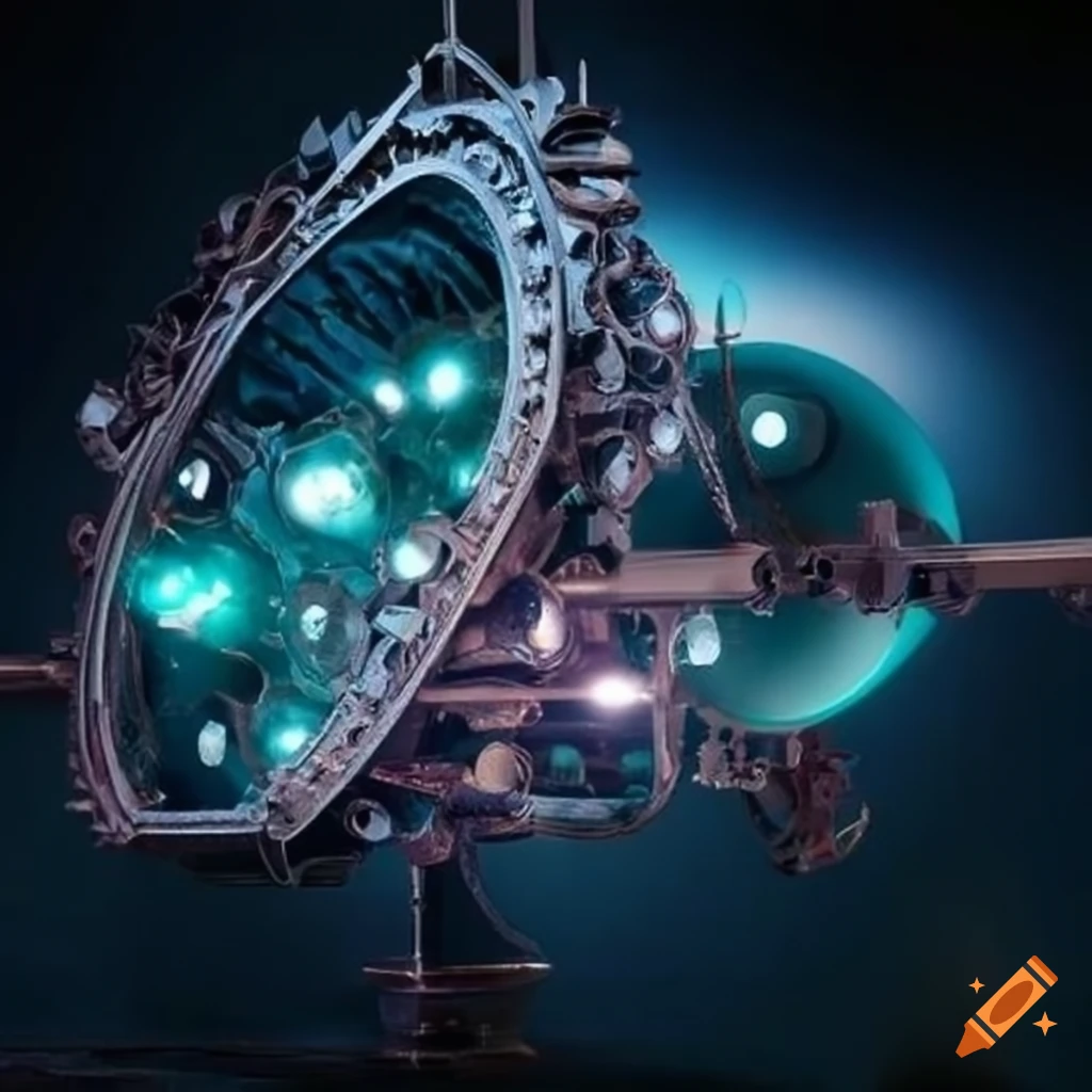 Intricate mechanical structure with gemstones on Craiyon