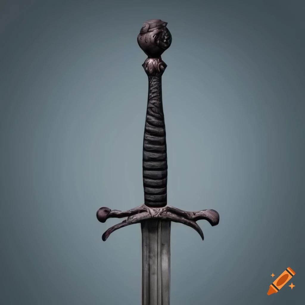 Longsword with dark blade and wing-shaped hilt carved with raven ...