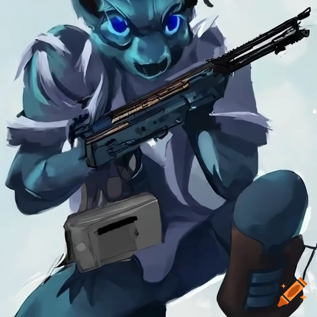 Blue kobold with high-tech sniper rifle and helmet scanning the horizon ...
