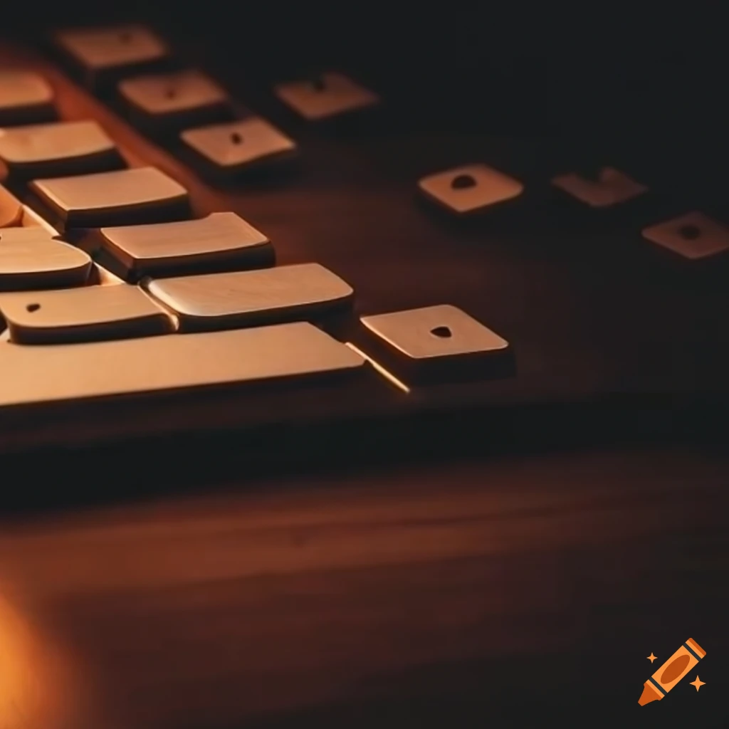Dark oak keyboard on a desk with soft lighting on Craiyon