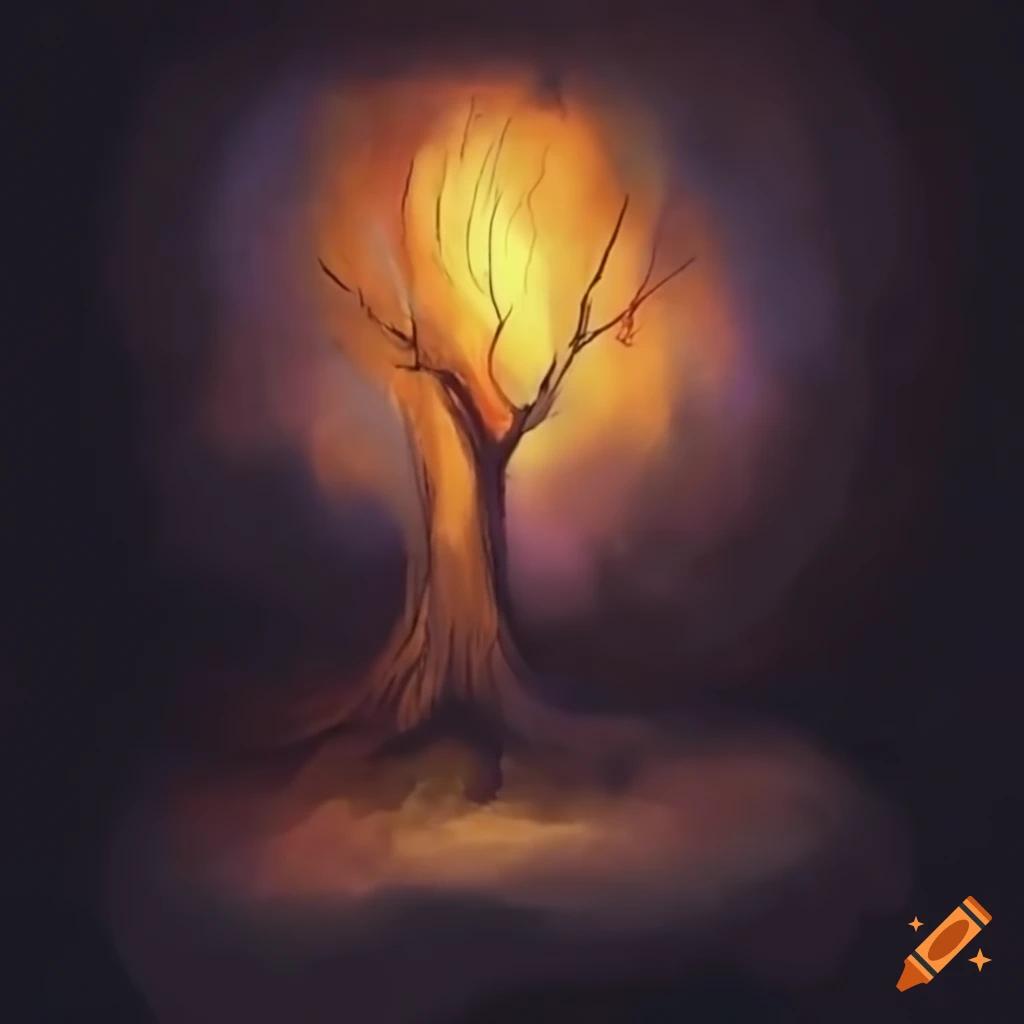 Dramatic lighting striking a tree, creating an eerie atmosphere on Craiyon