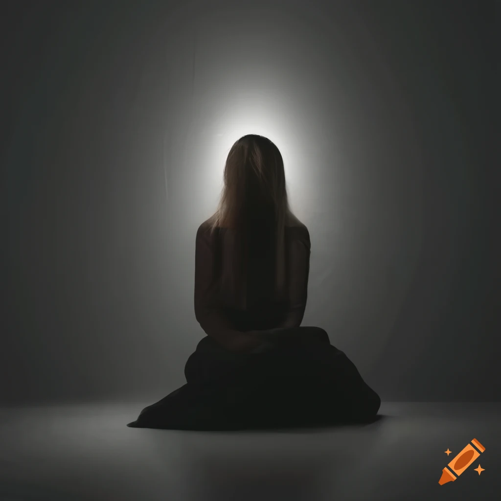 Woman sitting alone in a dimly lit room surrounded by cast shadows on ...