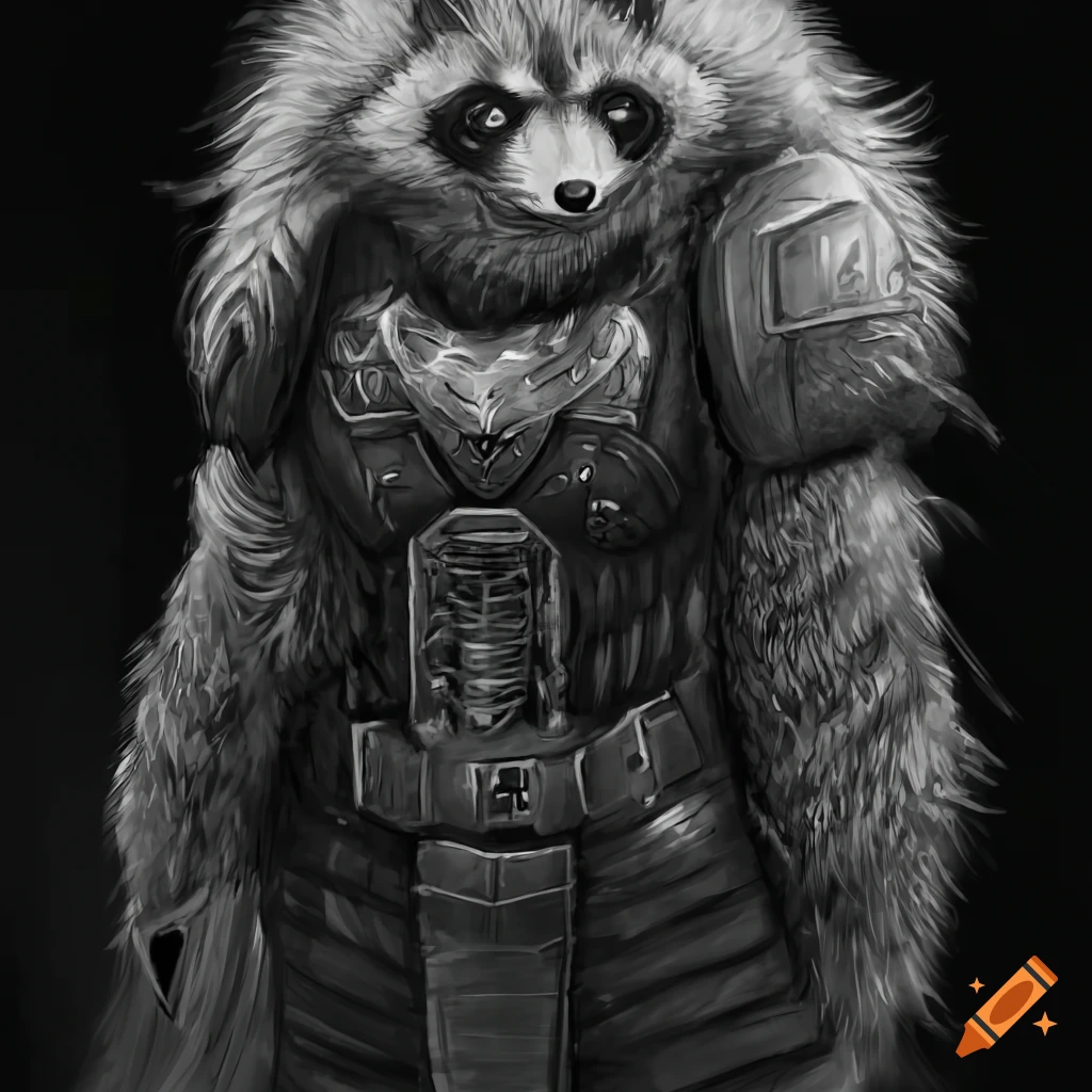 Portrait of a strong anthropomorphic furry raccoon in warhammer 40000 ...