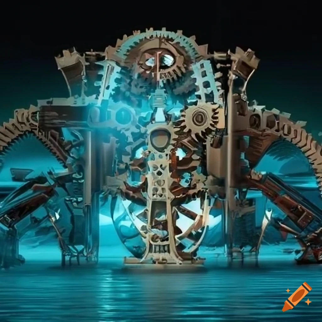 Intricate mechanical structure with gemstones on Craiyon