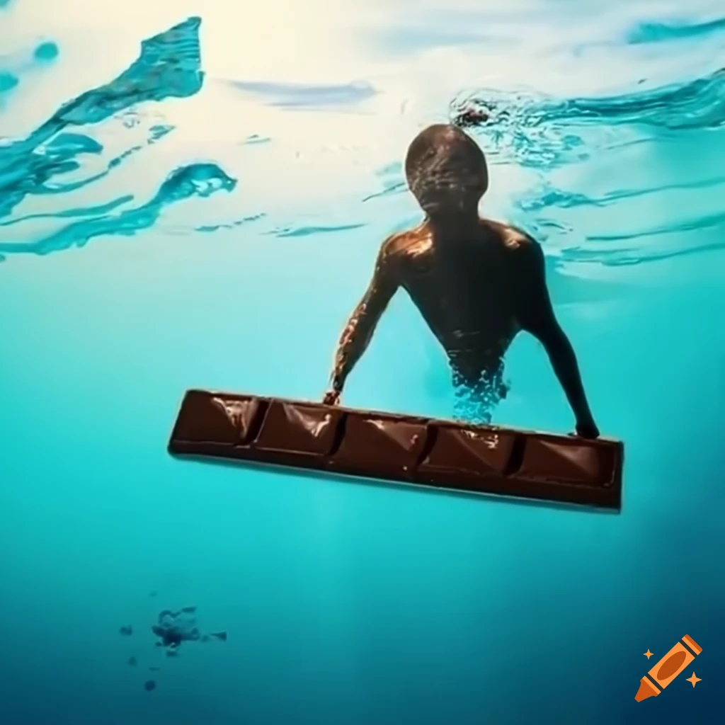 Surfer riding a chocolate bar on the water on Craiyon