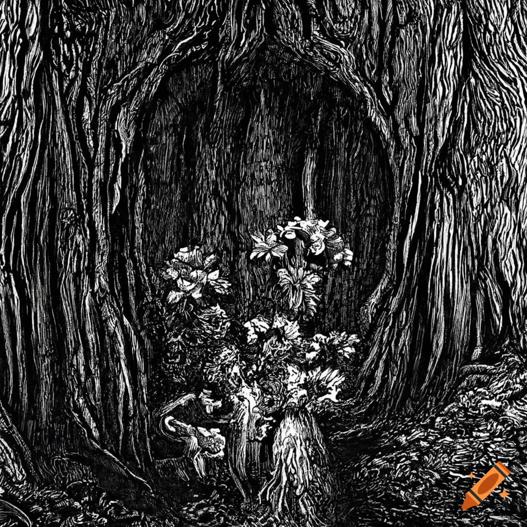 Giant beautiful flowers in a deep wood with many trees, ink drawing in ...