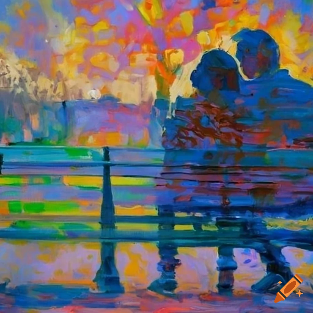 Abstract impressionism painting of a couple on a park bench in paris on ...
