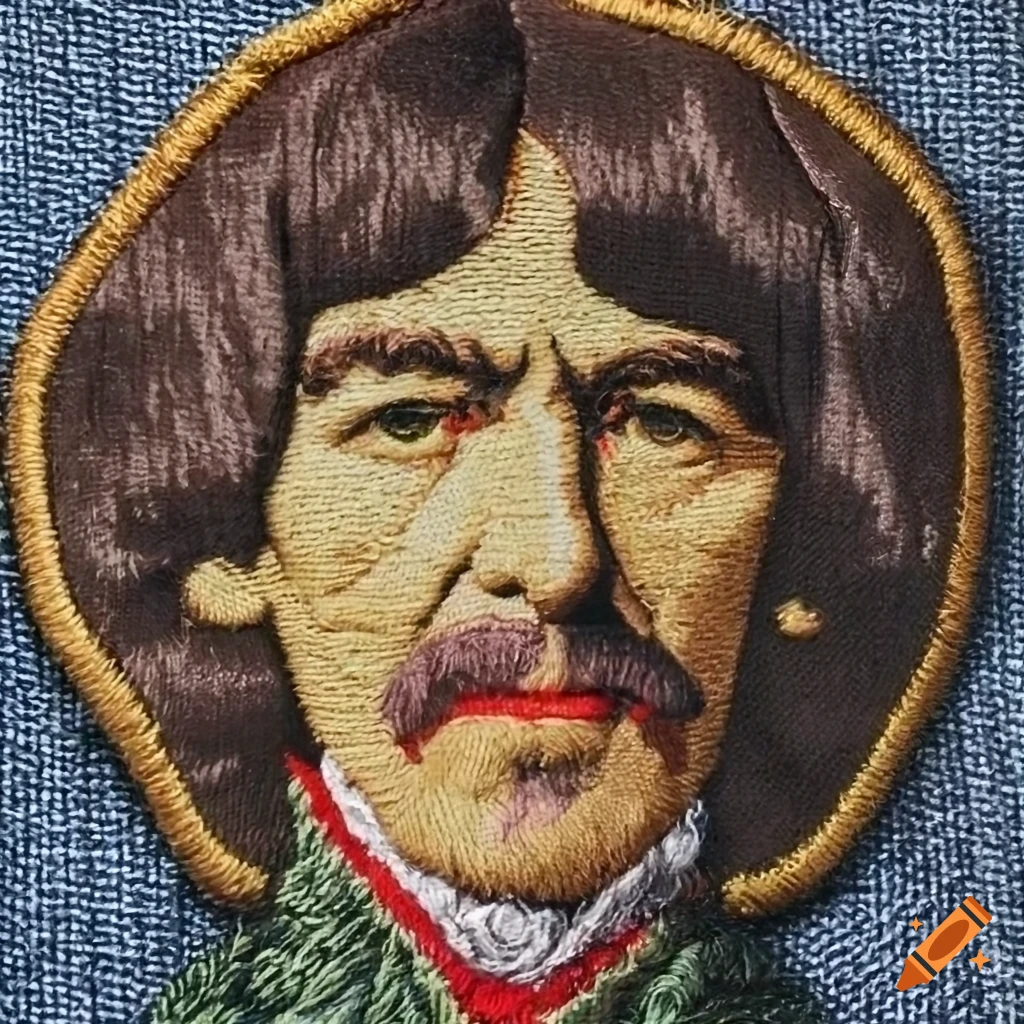 Vintage embroidery patch of close-up portrait of george harrison on Craiyon