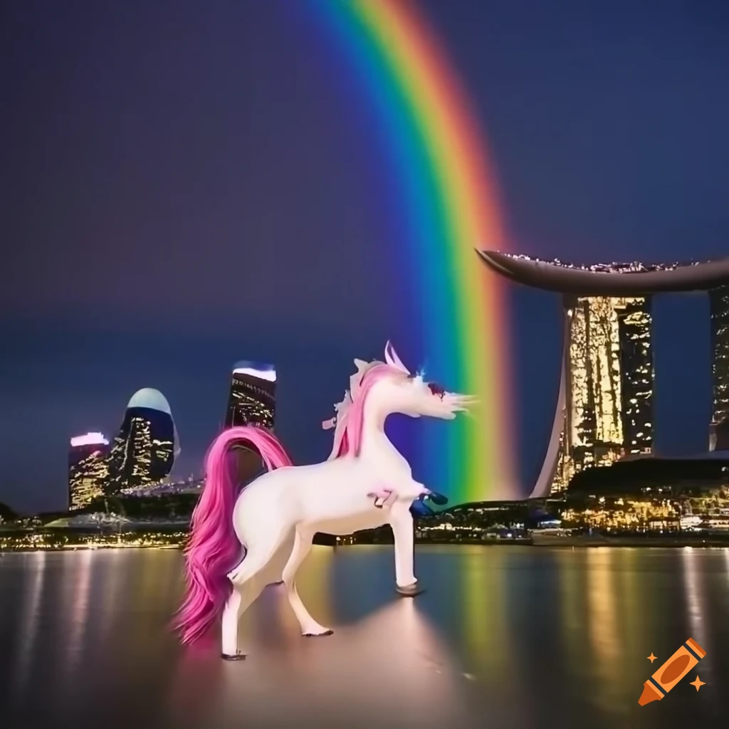 Unicorn on a rainbow in front of marina bay sands singapore on Craiyon