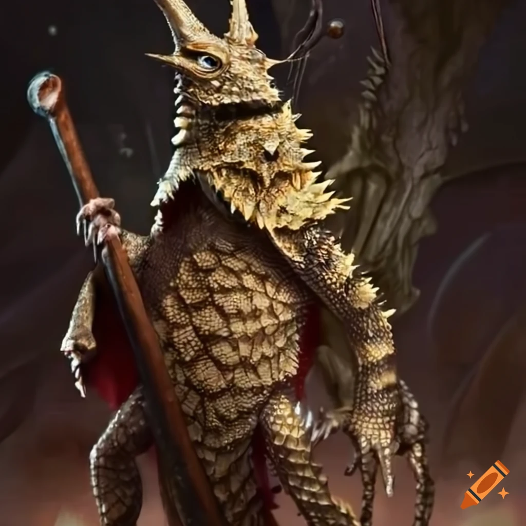 Horned lizard sorcerer with a walking stick on Craiyon