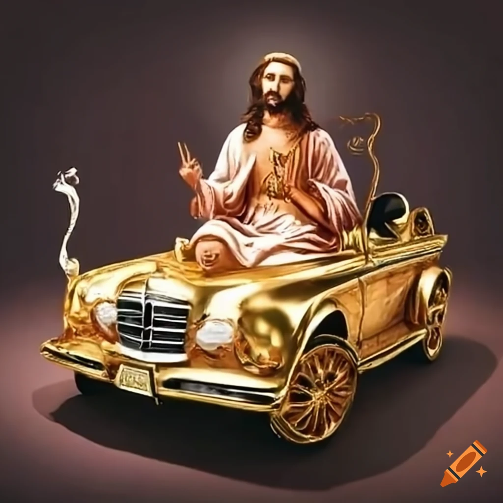 Colorful depiction of jesus driving a gold mercedes with the window ...
