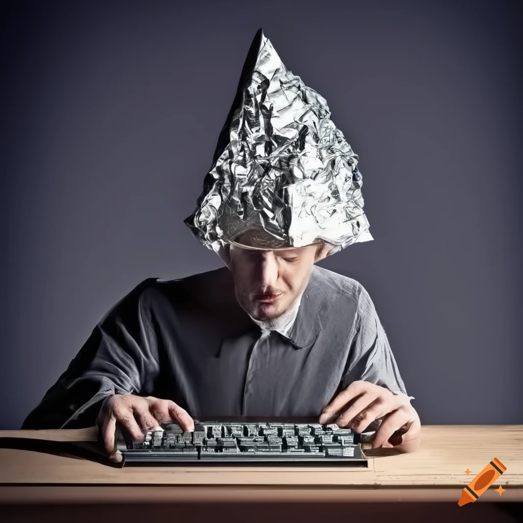 Man with tin foil hat at retro computer in realistic style on Craiyon